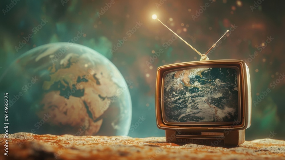 World Television day. Retro TV with planet earth on screen against ...