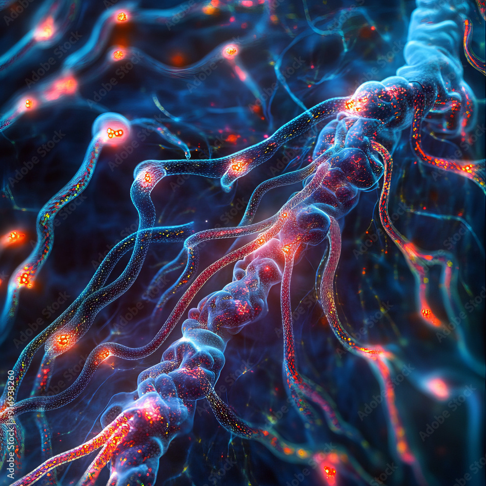 3D rendering of human brain neural pathways derived from MRI scans ...