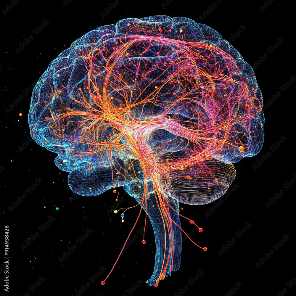 3D rendering of human brain neural pathways derived from MRI scans ...