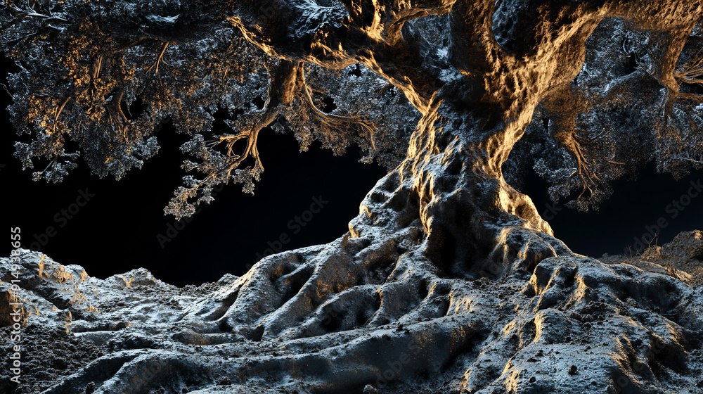 3D rendering of the complex root system of an ancient tree, visualized ...