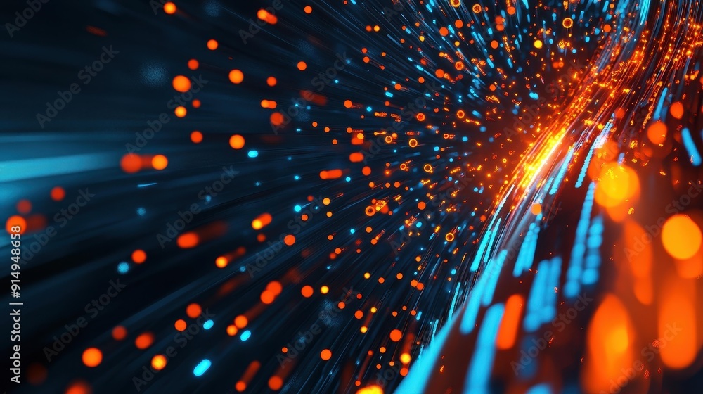 Bright binary code backdrop with animated digital particles and warm ...