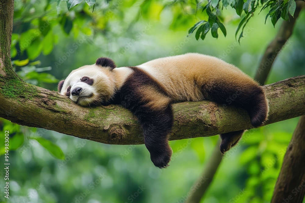 Lazy Panda Bear Sleeping on a Tree Branch, China Wildlife. Bifengxia ...
