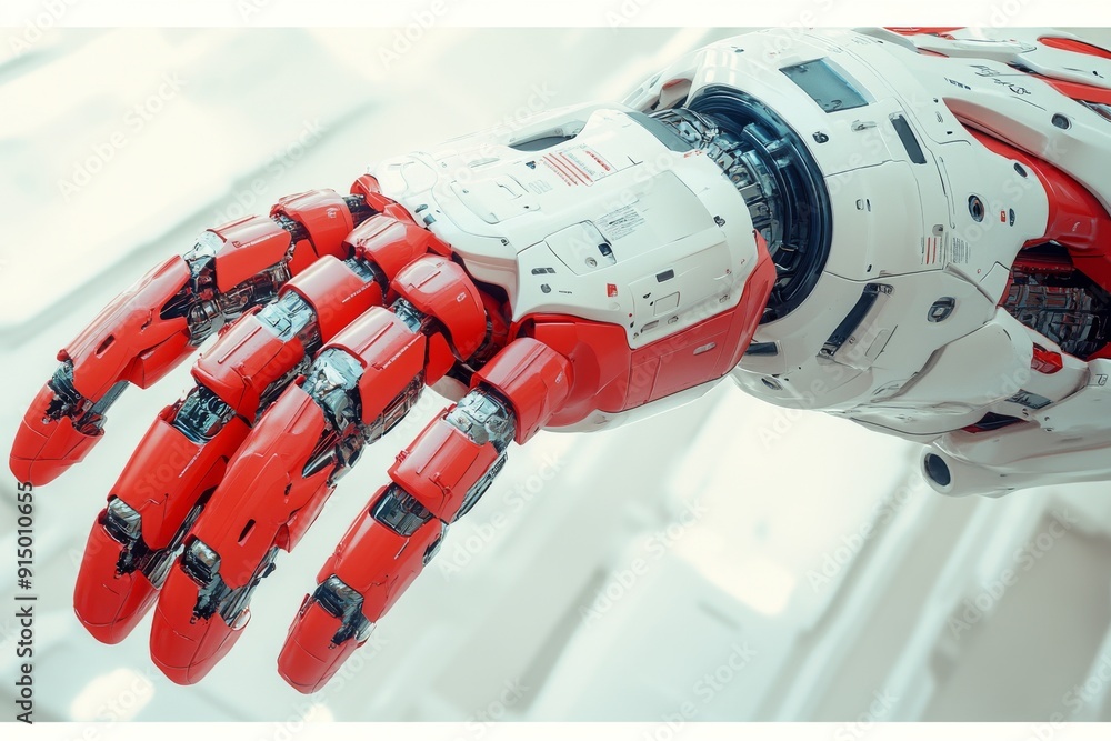 Robotic hand with red and white mechanical parts representing the ...