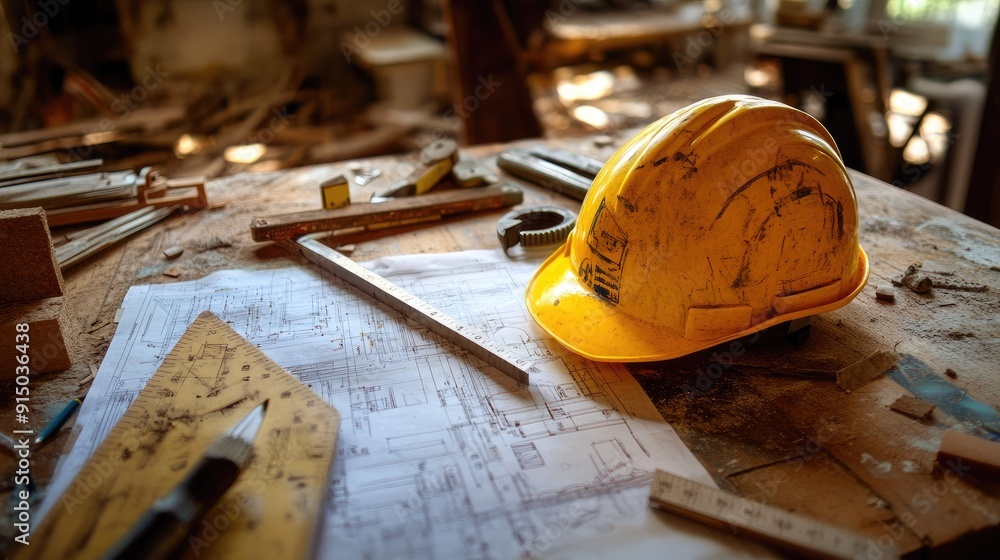 Construction table with a bright yellow helmet, technical blueprints ...