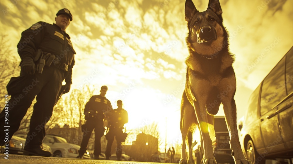 Law Enforcement Officers and K9 Unit Investigating Crime Scene with ...