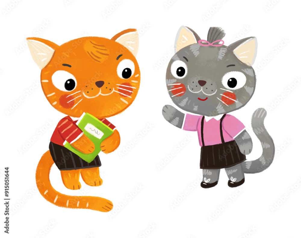 cartoon scene with young family cat pupil from school or kindergarten ...