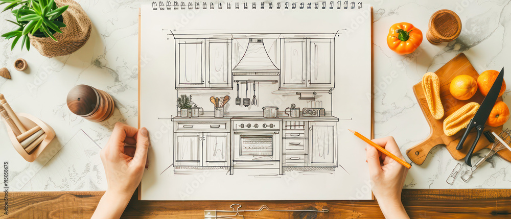 Hands holding notepad with creative kitchen design blueprint sketch or ...