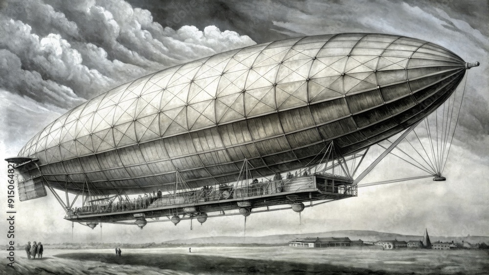 Airship Soaring Through a Cloudy Sky - Graphite Drawing - A Detailed ...