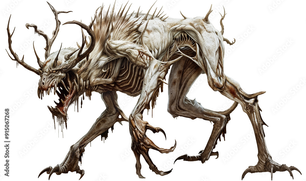 Fantasy Beast with Multiple Horns and Skeletal Features in Aggressive ...