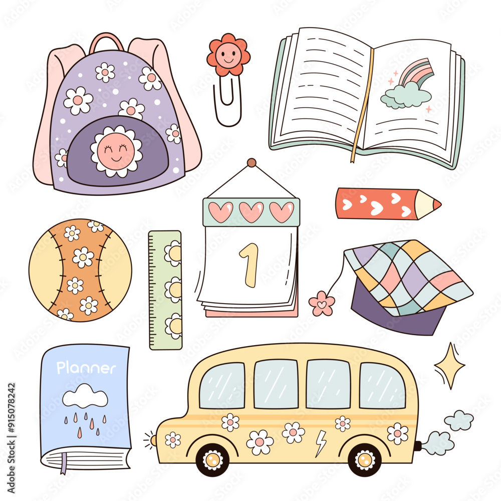 Vetor Back to school clipart. Retro school clipart. Groovy school ...