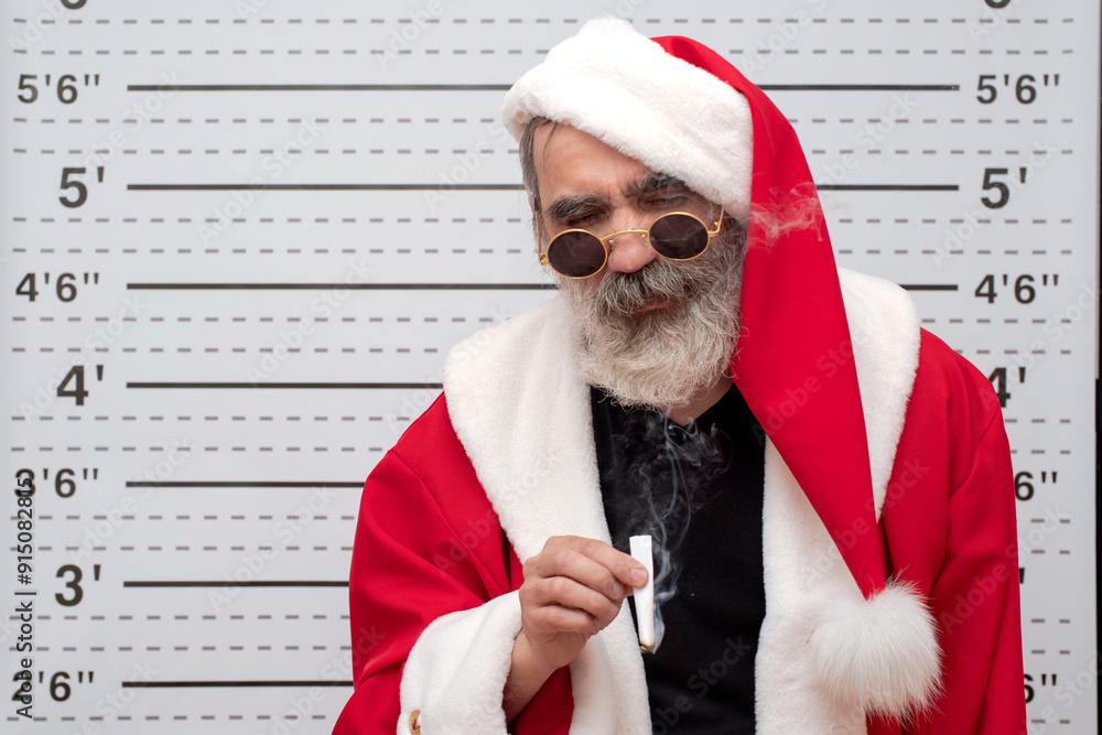 Bad Santa Claus smoking a hand-rolled cigarette, Police Mugshot Board ...
