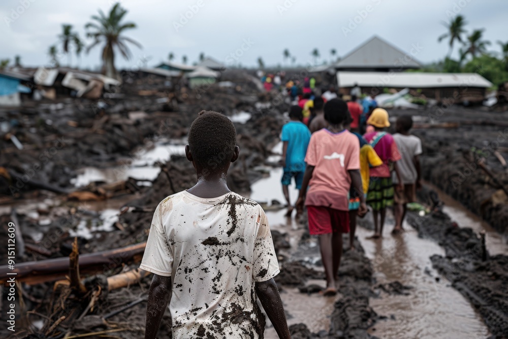 A group of children walk through a devastated area covered in debris ...