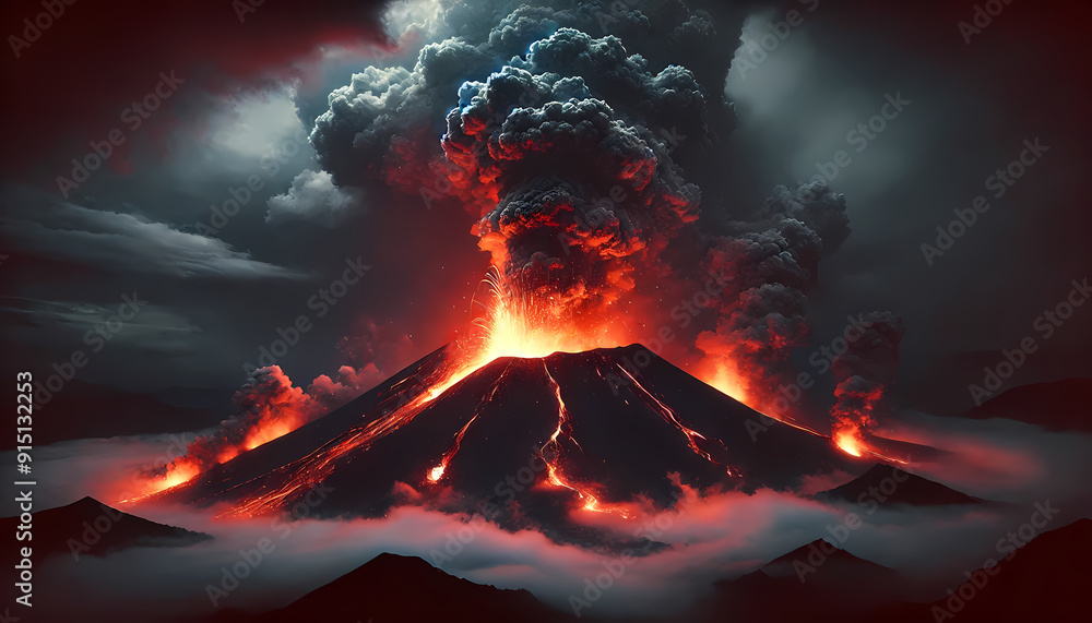 an active volcano erupting at night, with flowing lava and thick smoke ...