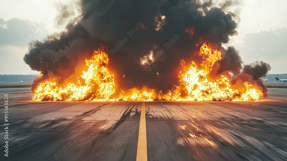 Stock-Foto „Massive Fiery Explosion with Dense Black Smoke on Airport ...
