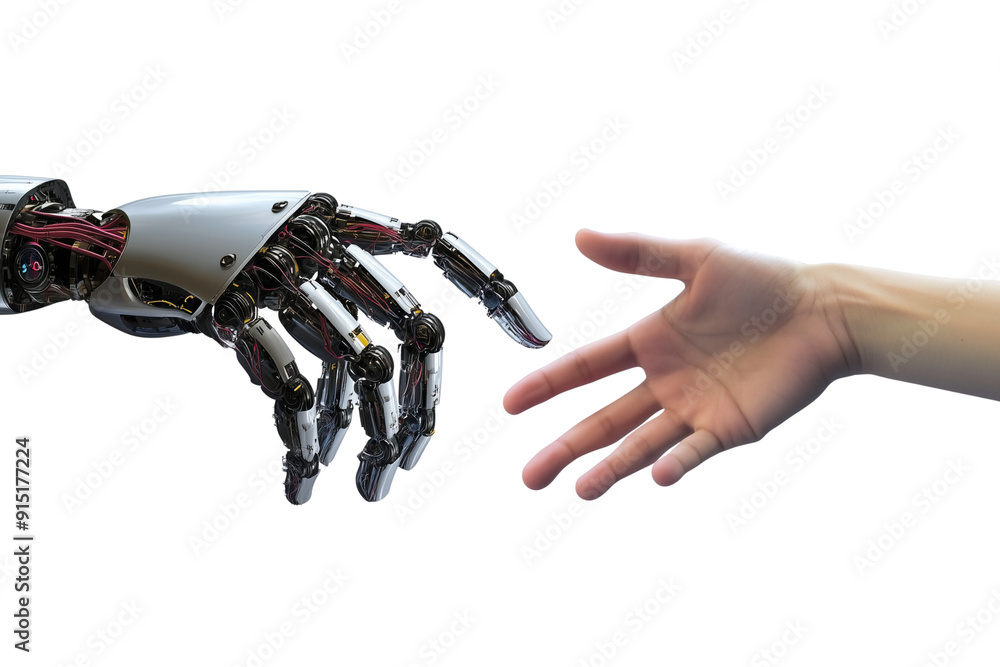 A robot hand and a human hand reaching out to each other, about to ...