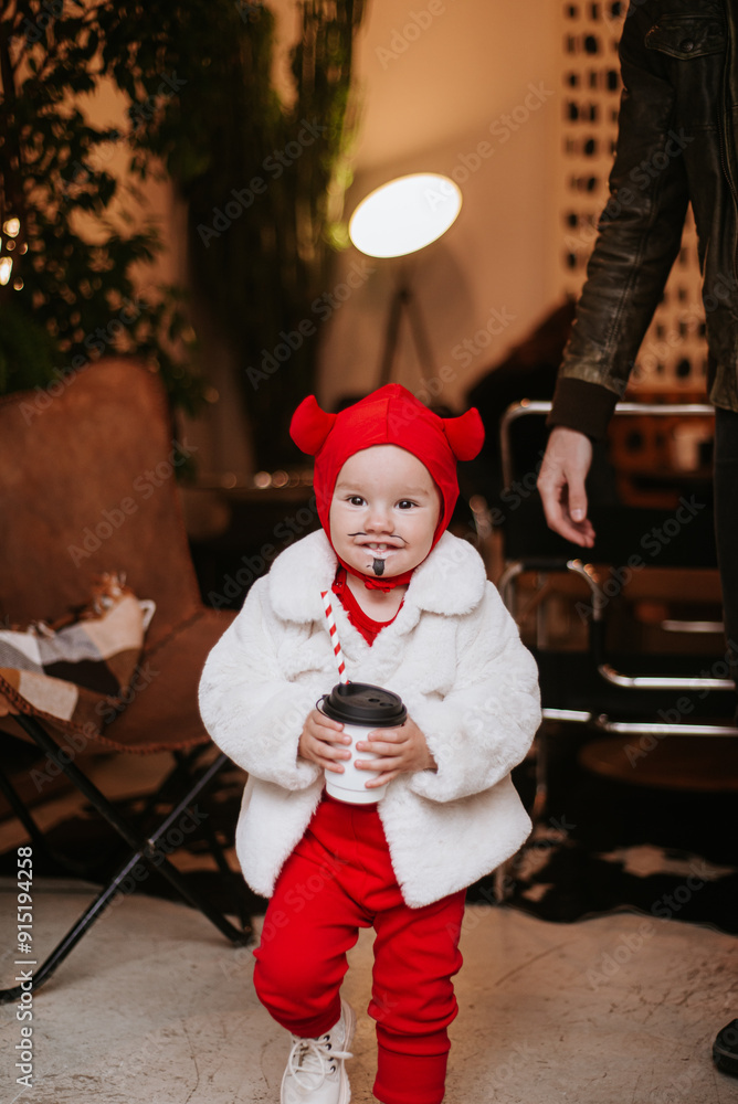 children's Halloween party: a kid in a devil costume drinks a hot drink ...
