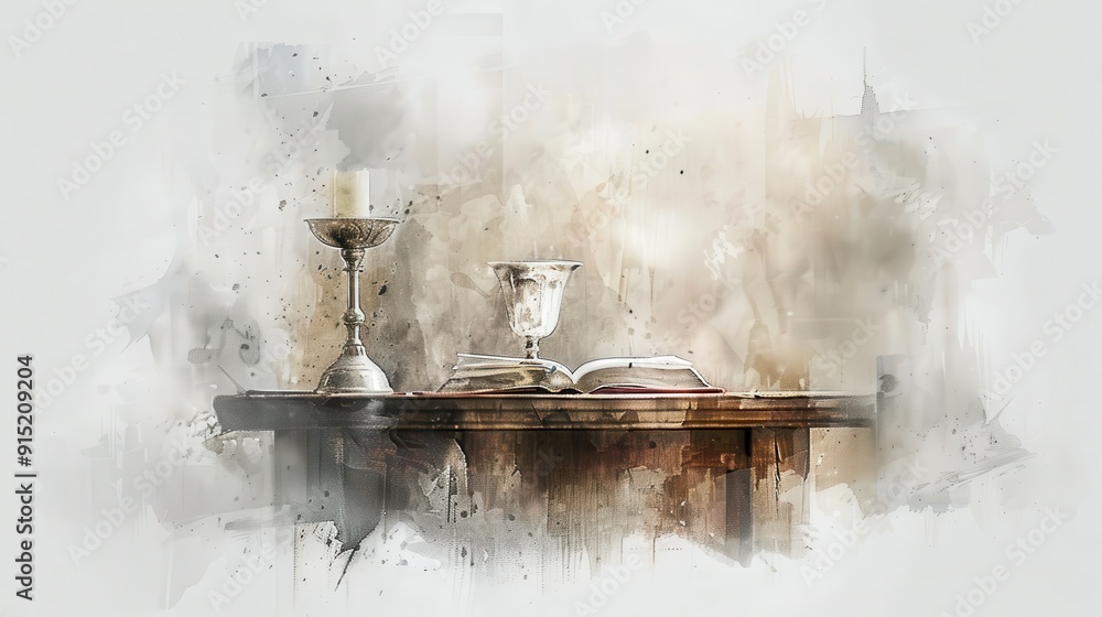 Sacramental Christian Altar with Chalice and Open Bible on Beige ...