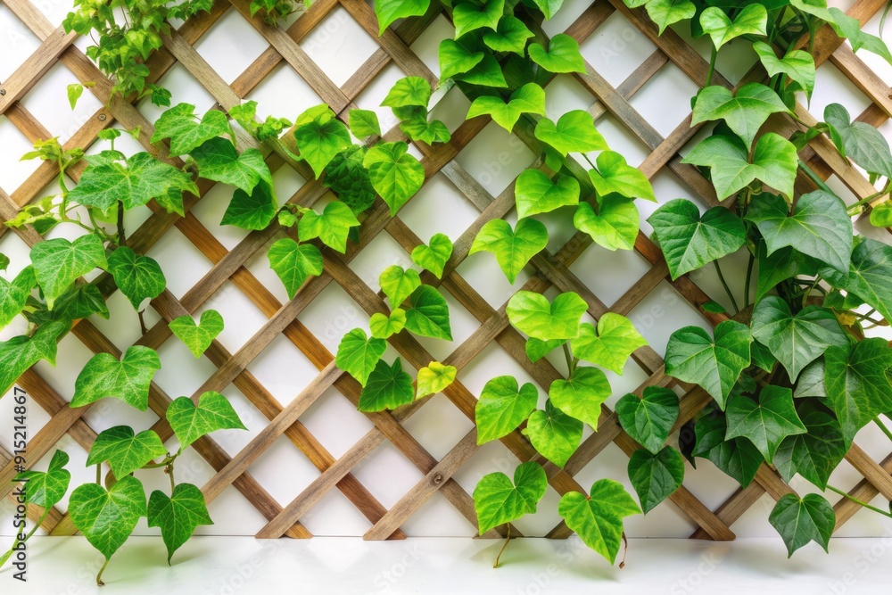 Lush green ivy leaves with tendrils cling to a trellis, isolated on a ...