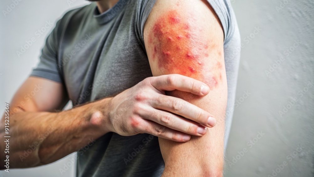 Close-up of red, itchy, and inflamed skin on a person's arm, with ...