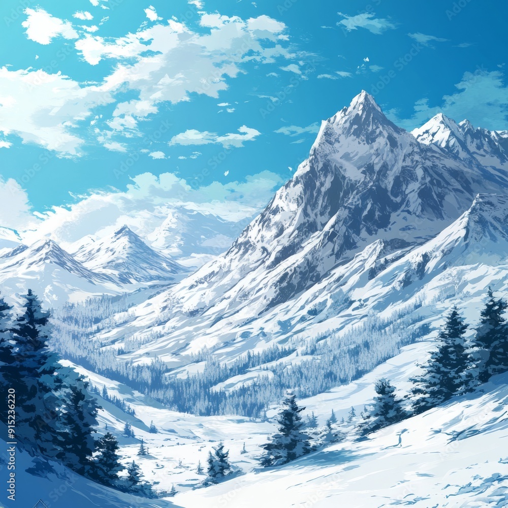 Snowy Peaks in a Winter Wonderland: Anime-Style Mountain Range Towering ...