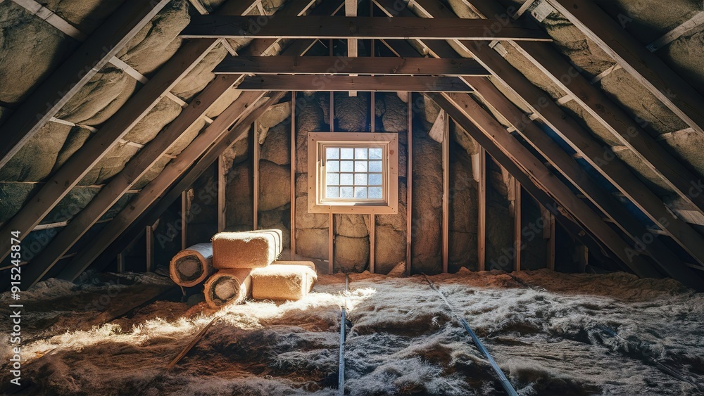 Attic with cellulose insulation and window, Well-organized attic space ...