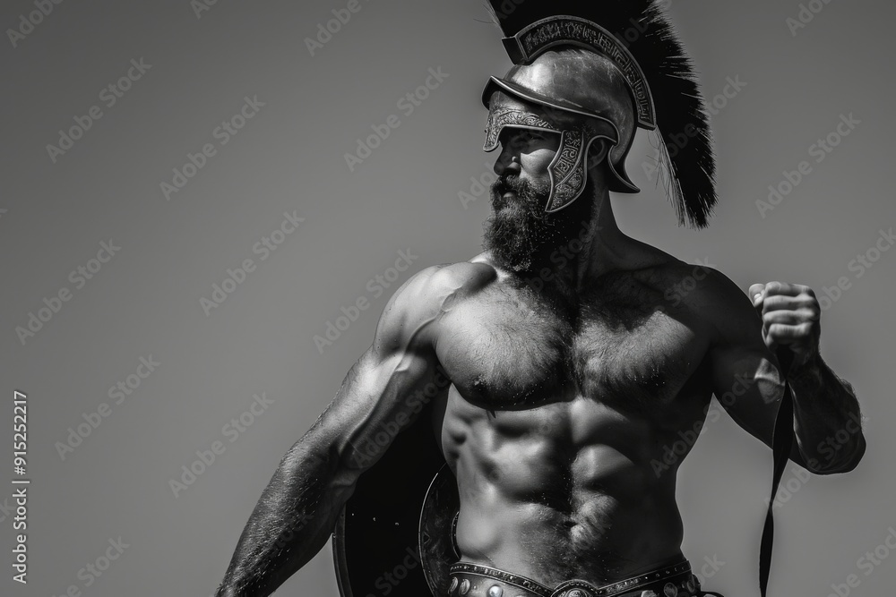 A muscular Greek warrior, adorned in traditional armor, exudes strength ...