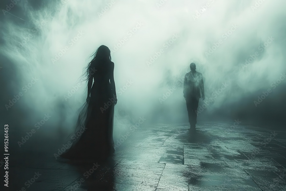 ethereal dance of mist and light swirling tendrils of fog in chiaroscuro mysterious figures ...