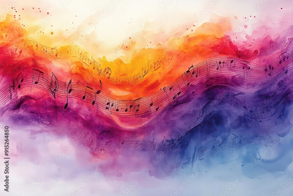 ethereal watercolor composition of musical notes flowing across narrow ...