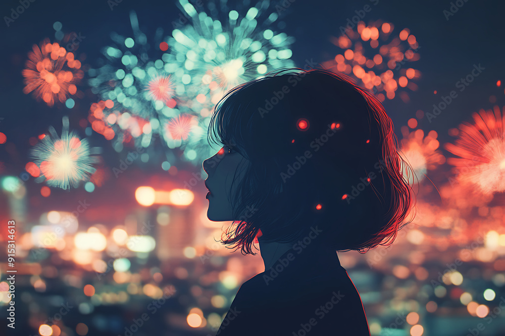 Anime girl watching fireworks at night digital art, painting, anime ...