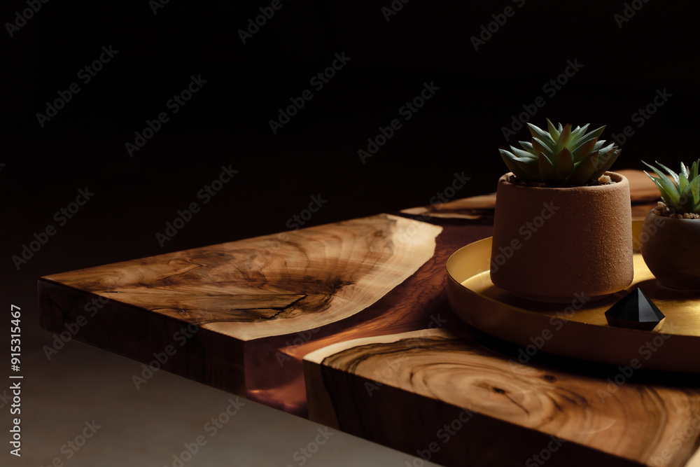Expensive vintage furniture. The table is covered with epoxy resin and ...