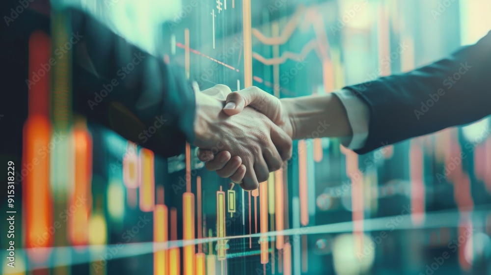 Business handshake overlayed with financial charts, signifying a ...