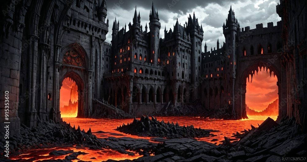 gothic hellmouth castle fortress with flowing river molten lava and ...