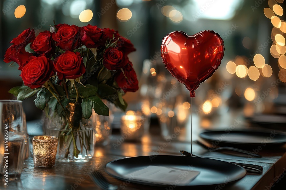 romantic tablescape with lush red roses heartshaped balloon and ...