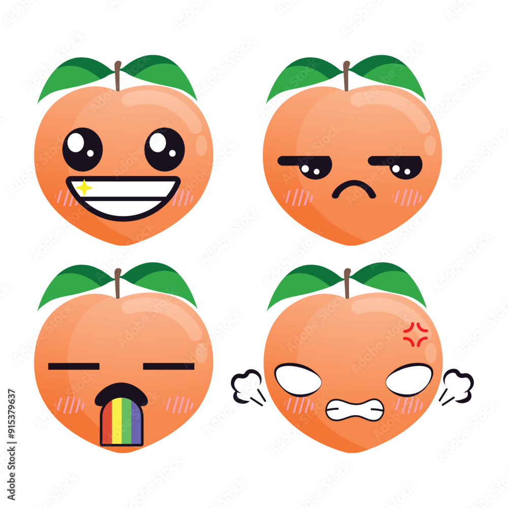Vector set of cute Peach fruit emojis. Isolated on white background ...