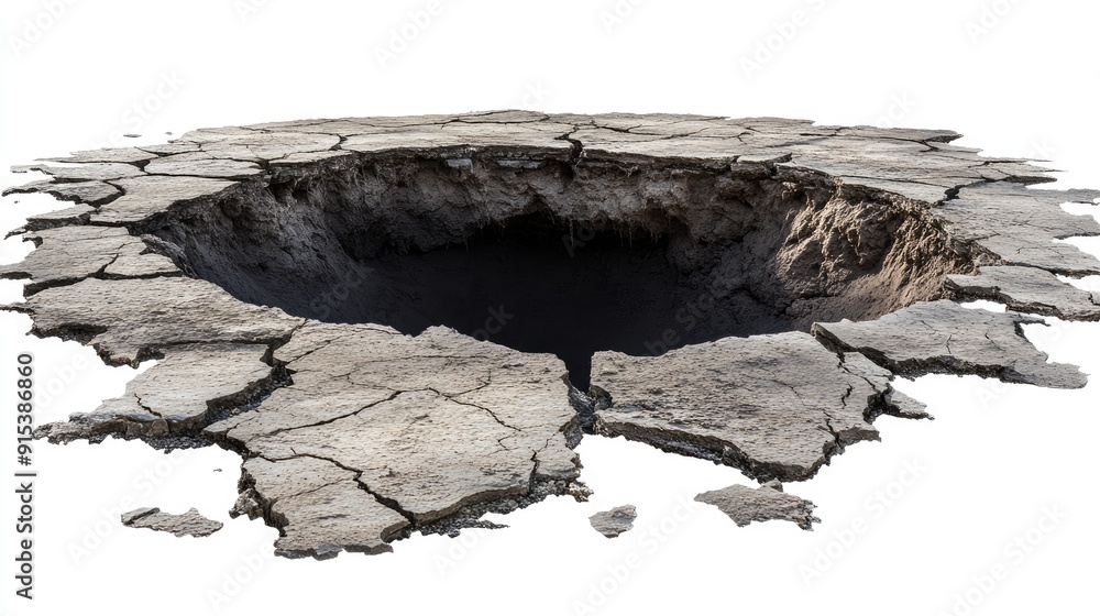 Hole in cracked ground, isolated on a transparent background, adding a ...