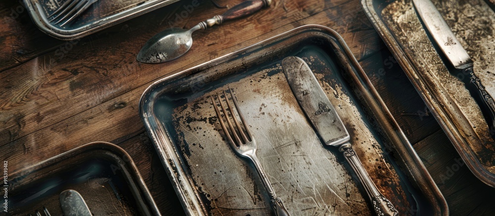 Vintage table arrangement Antique trays featuring a collection of ...