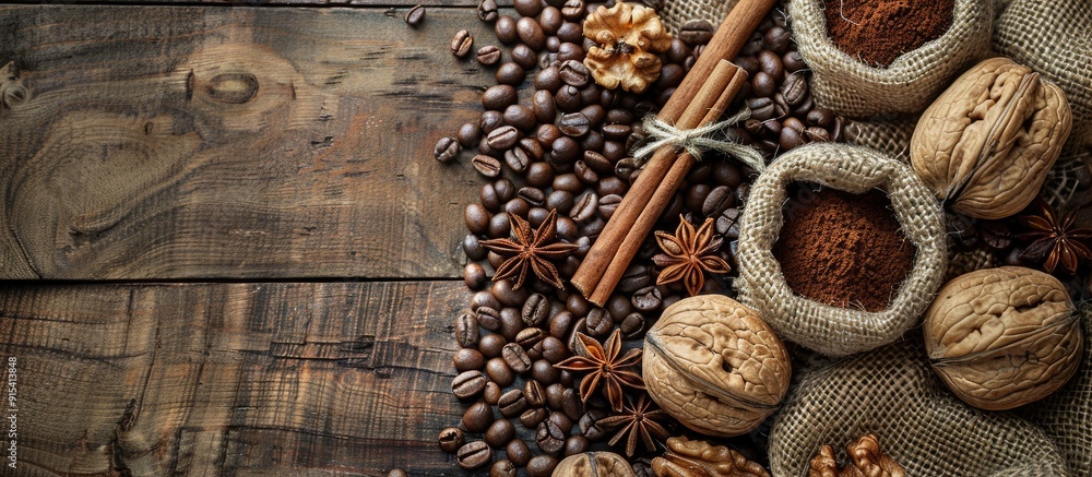 Coffee background featuring coffee beans cinnamon sticks walnuts and a ...
