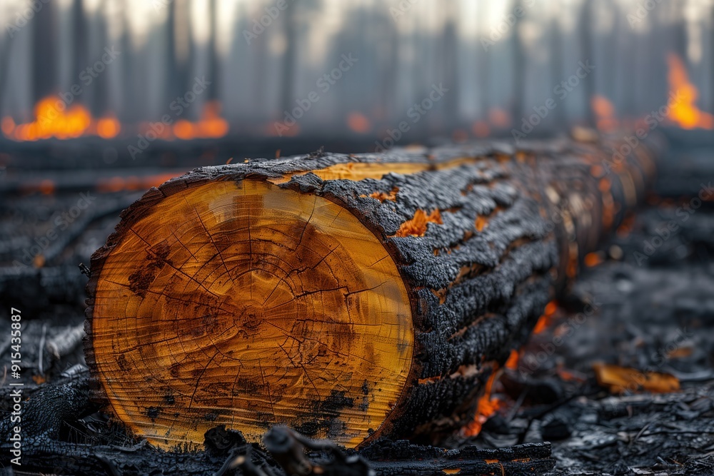 Tree trunk smolders on scorched earth during forest fire in deforested ...
