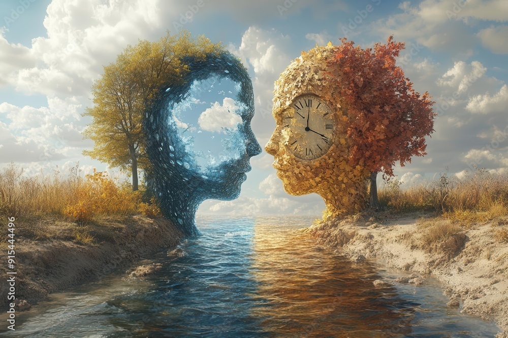 surreal clock face melting into flowing river of time seasons changing ...