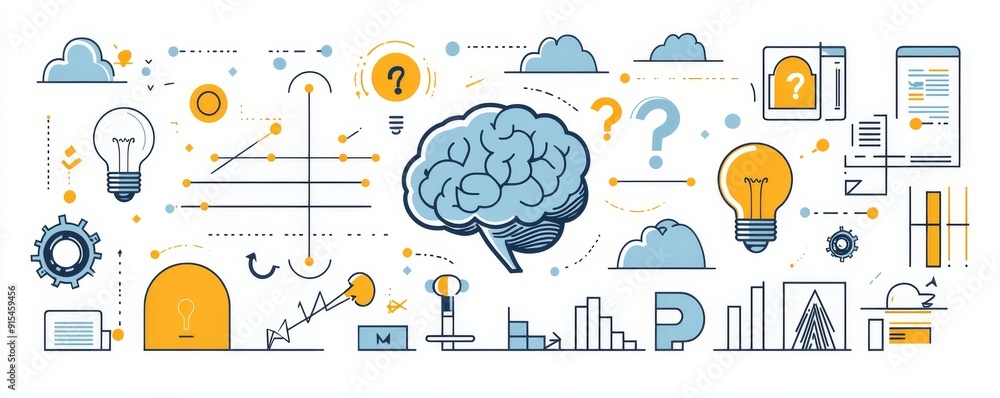 Illustration depicting the thinking process with a brain, lightbulbs ...