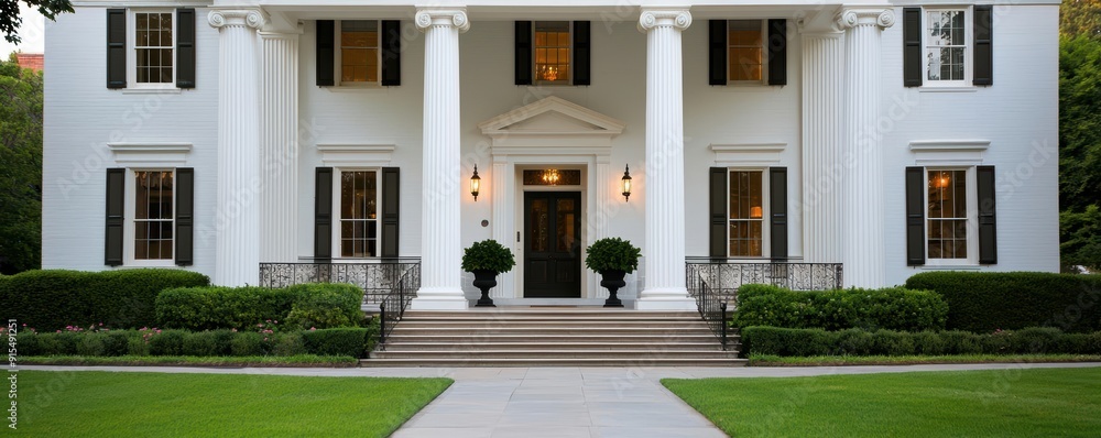Foto de Stock Greek Revival mansion, tall columns, white facade, grand staircase | Adobe Stock