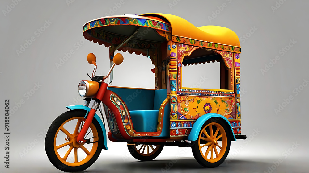 A 3D cute cartoon style Indian rickshaw with exaggerated wheels and ...