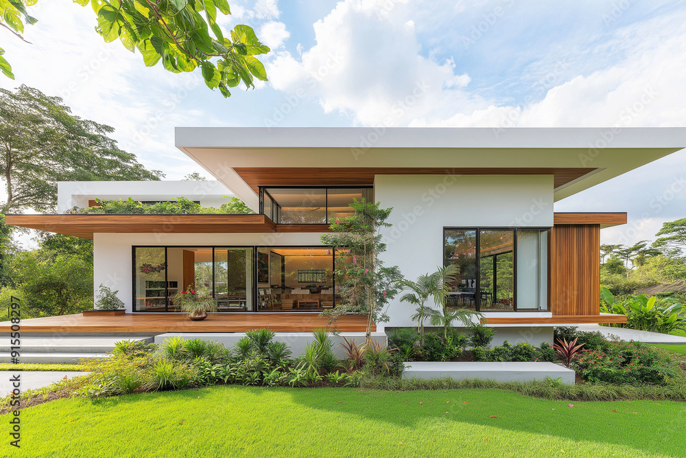 modern one-story house with an open floor plan, featuring two large ...