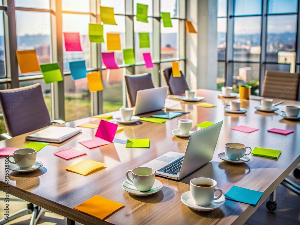 Colorful sticky notes and whiteboard markers scattered on a modern ...