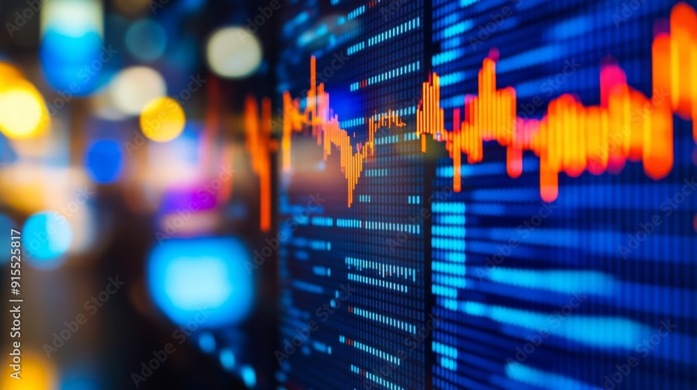 A computer monitor displaying a real-time stock chart with fluctuating prices and volumes ...