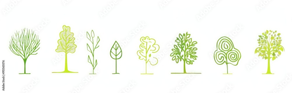 A continuous line drawing of trees in various shapes and sizes, each ...