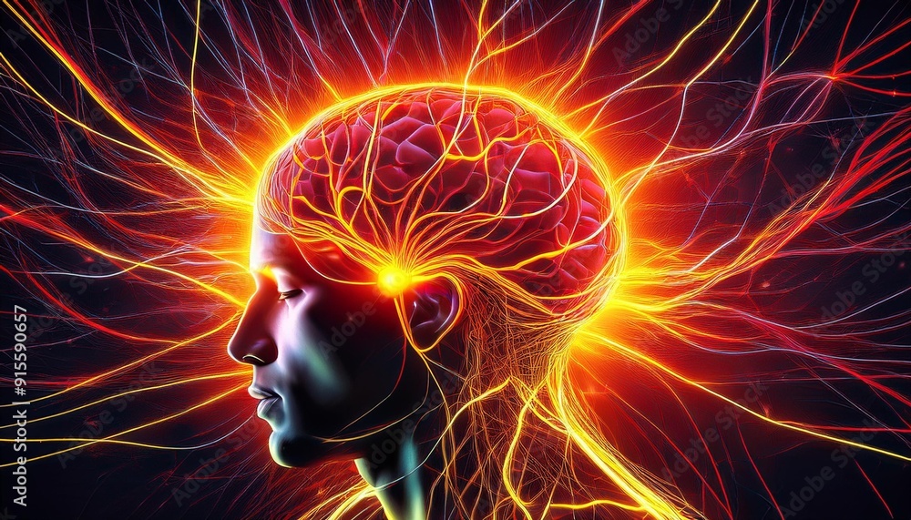 Ethereal representation of a human profile with glowing brain ...