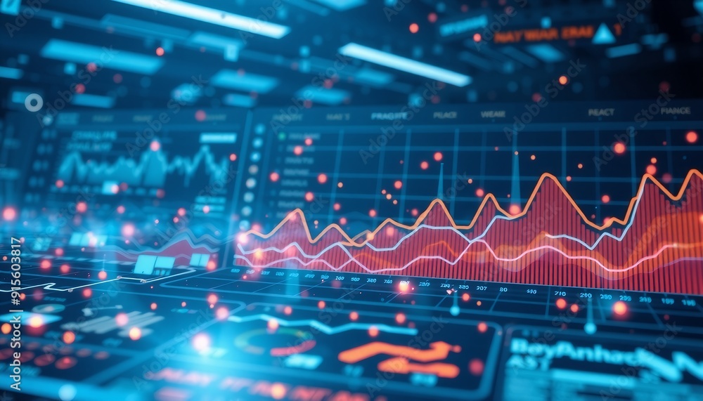 expansive high-tech background presents an intricate analytics dashboard with floating data ...