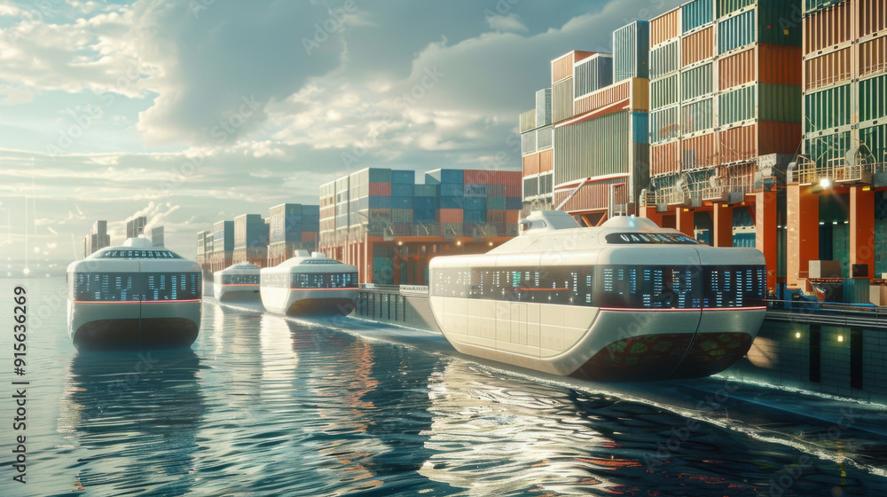 Autonomous cargo ships at a high-tech port Stock Illustration | Adobe Stock