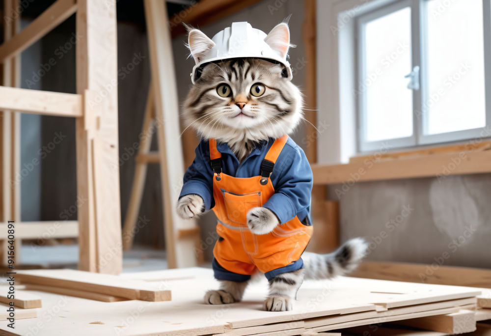 Foto de Stock cute fluffy gray tabby cat carpenter in a builder's suit ...
